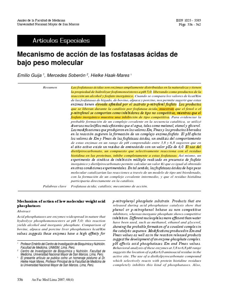 Mecanismo de Acción de Las Fosfatasas Ácidas de Bajo Peso Molecular ...