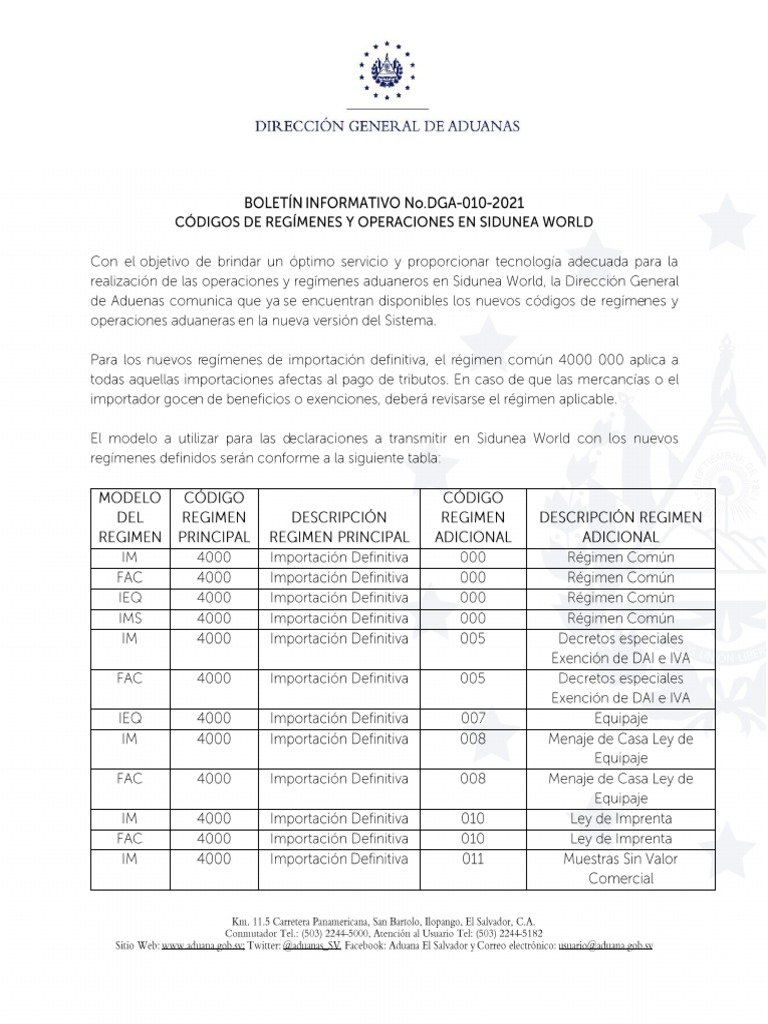 Boletin DGA 010 2021 - CODIGOS DE REGIMENES Y OPERACIONES EN SW | PDF