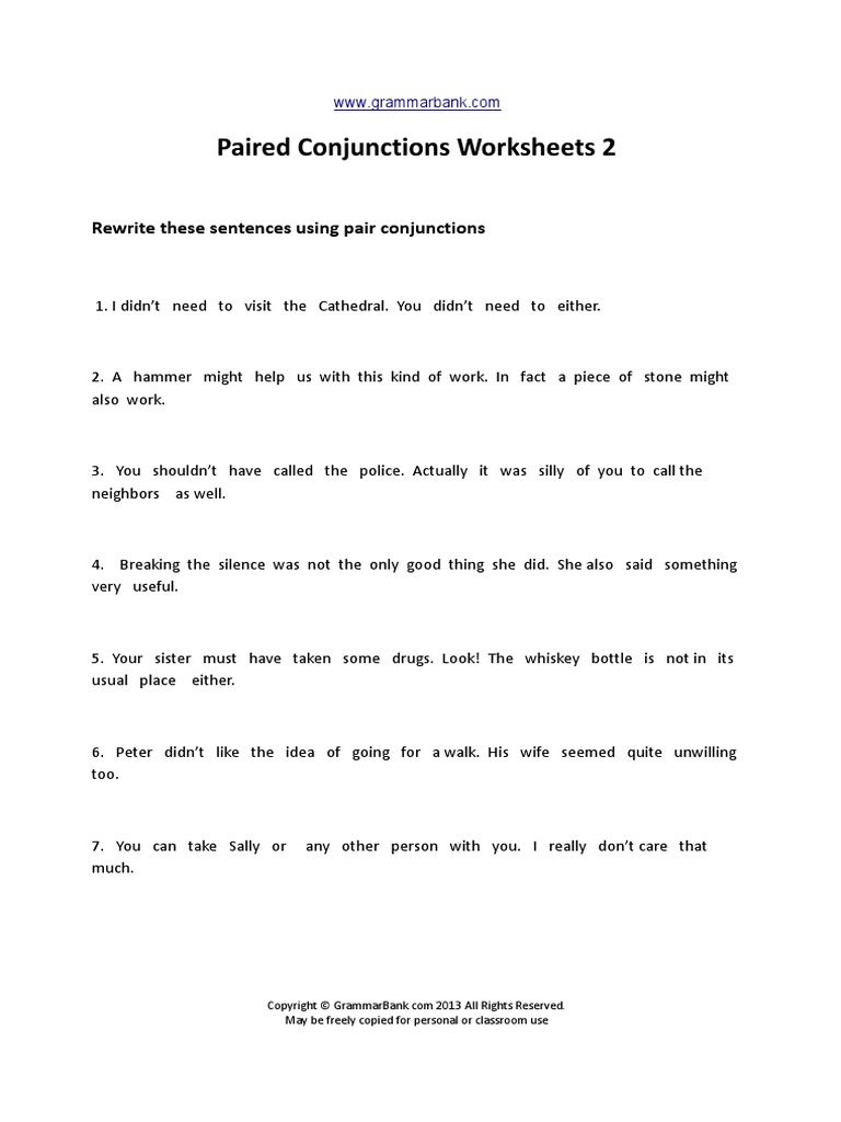 Paired Conjunctions Worksheet 2 | PDF
