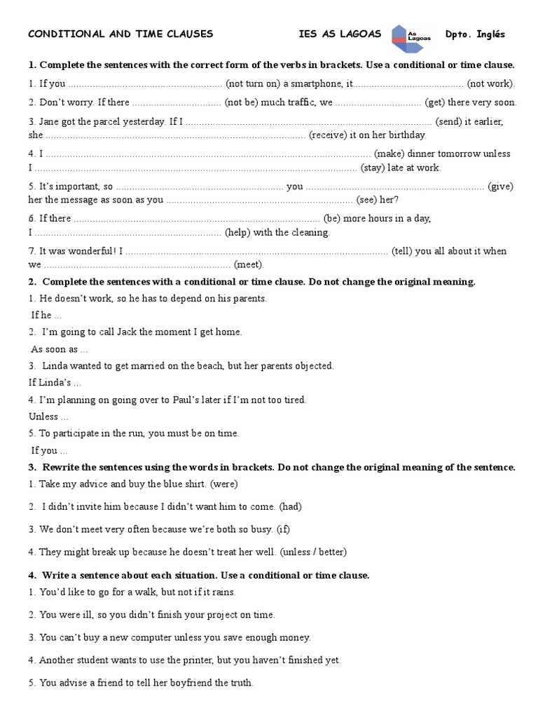 Conditional and Time Clauses Exercises | PDF | Sentence (Linguistics ...