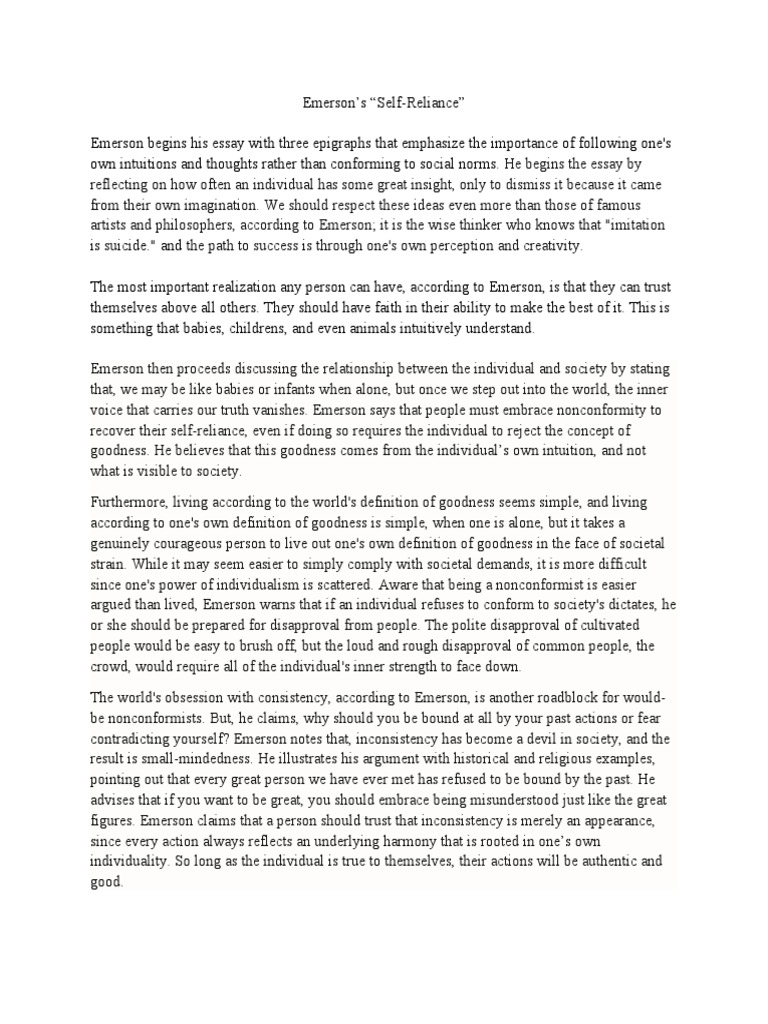 Emerson's Self-Reliance | PDF | Ralph Waldo Emerson | Psychological ...