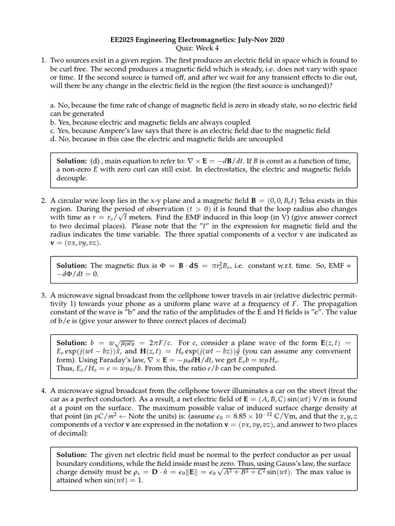 Quiz Week4 | PDF | Electric Field | Magnetic Field