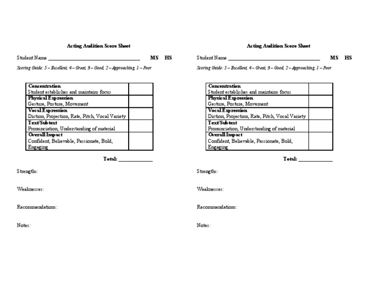 Acting Audition Score Sheet | PDF | Communication | Cognition