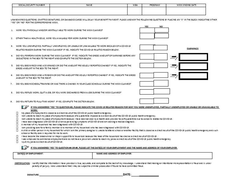 PUA Weekly Certification Form W/ COVID Questions | PDF | Health Care ...