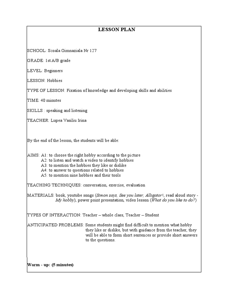 Cultivating Young Minds: A Lesson Plan on Developing Students' Hobby ...