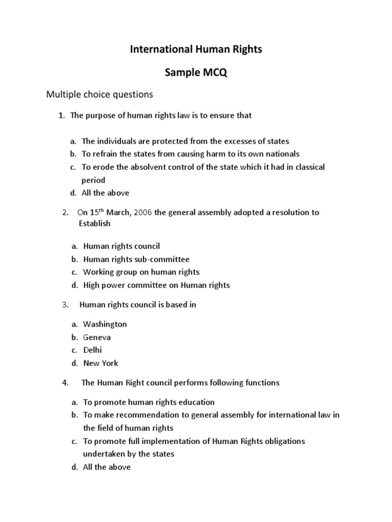 MCQ International Human Rights | PDF | Human Rights | United Nations ...