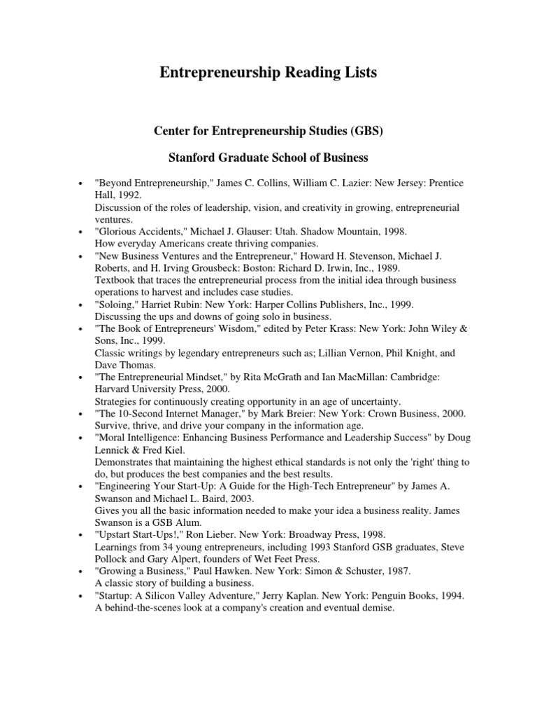 Entrepreneurial Reading Lists | PDF | Startup Company | Small Business ...
