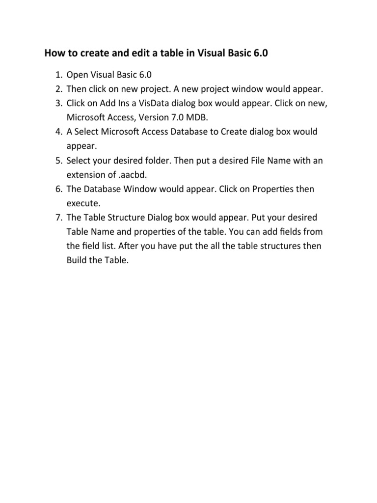 How To Create And Edit A Table In Visual Basic 6 Pdf Computers