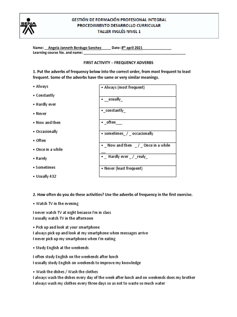 First Activity - Frequency Adverbs | PDF