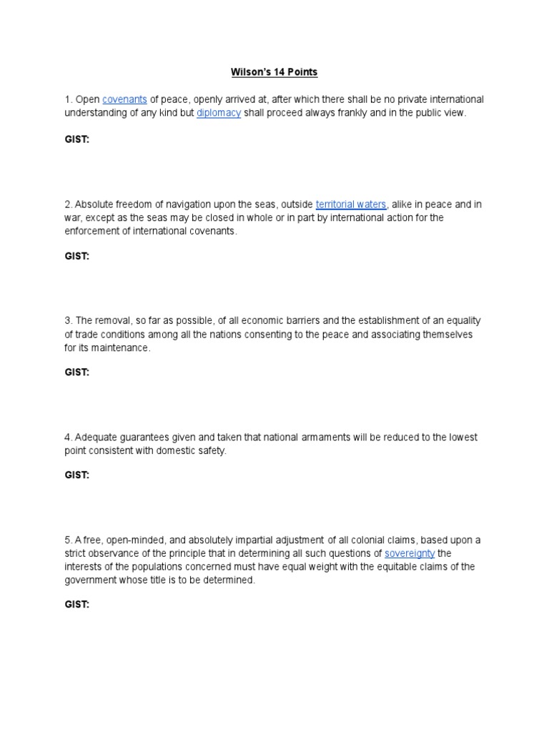 Wilsons 14 Points Gist Worksheet | PDF | Ottoman Empire | International ...