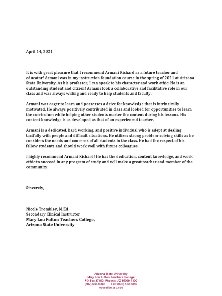 Asu Letter of Recommendationarmani | PDF | Career & Growth