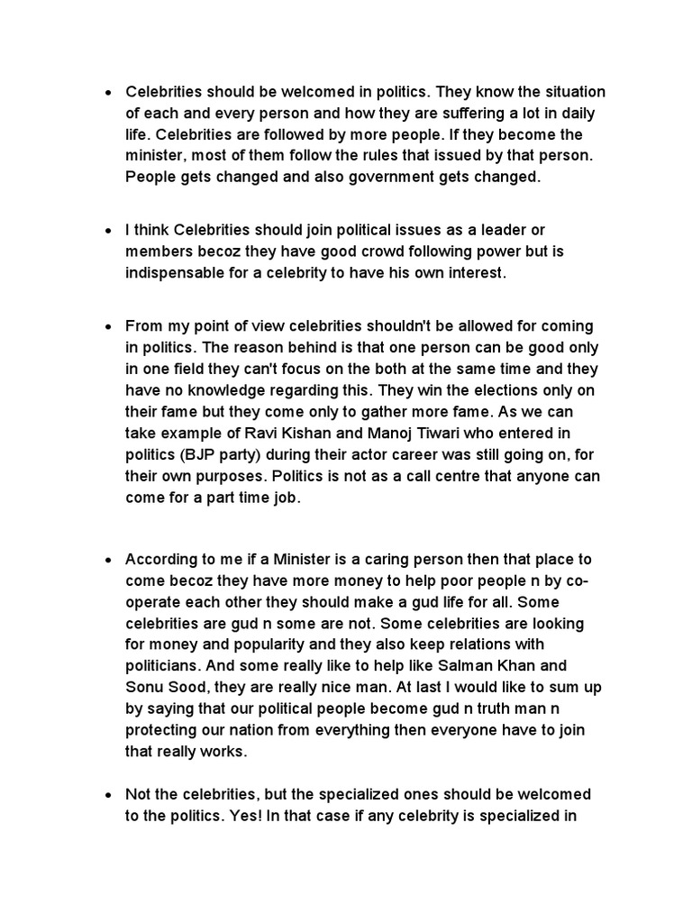 Should Celebrities Be Welcomed in Politics (My Speech) | PDF