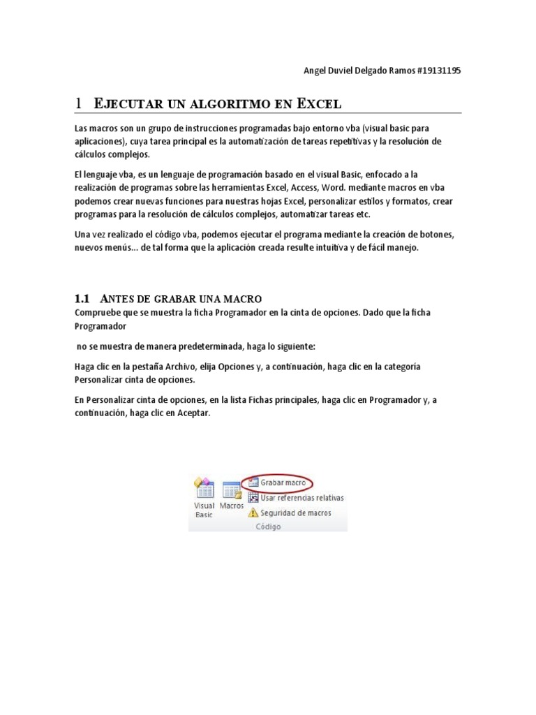 Ejecutar Un Algoritmo en Excel | PDF | Macro (informática) | Visual Basic para Aplicaciones