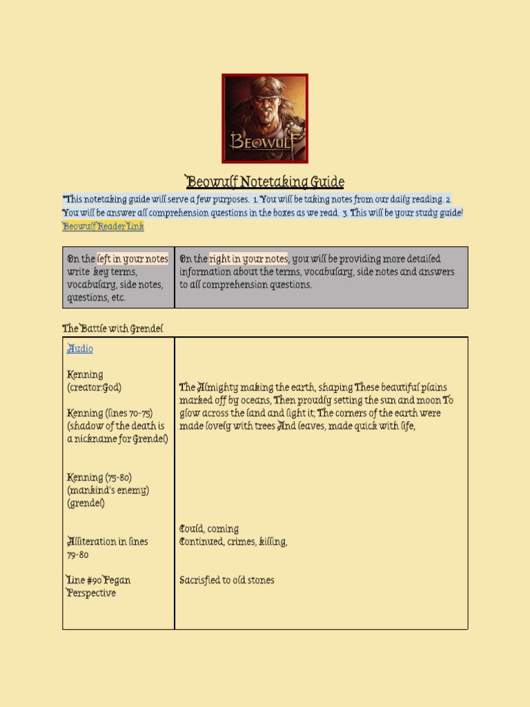 Elexues Borquez - Beowulf Reading Guide | PDF