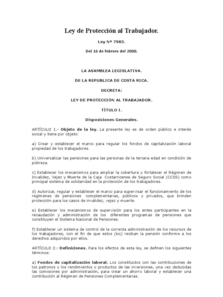 Ley N-º 7983. Ley de Protección al Trabajador. | Pensión | Fondo de pensiones