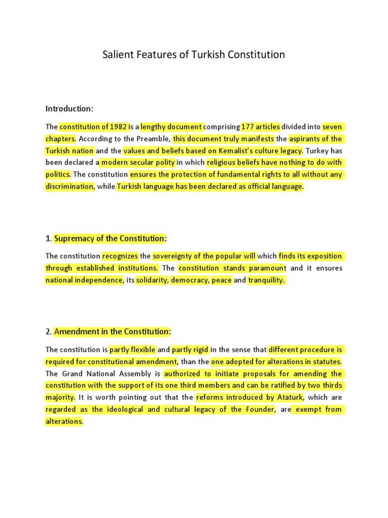 Salient Features of Turkish Constitution | PDF | Constitution | Martial Law