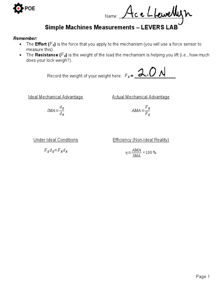 Levers Lab: Mechanical Advantage Calculations | PDF | Lever | Machines
