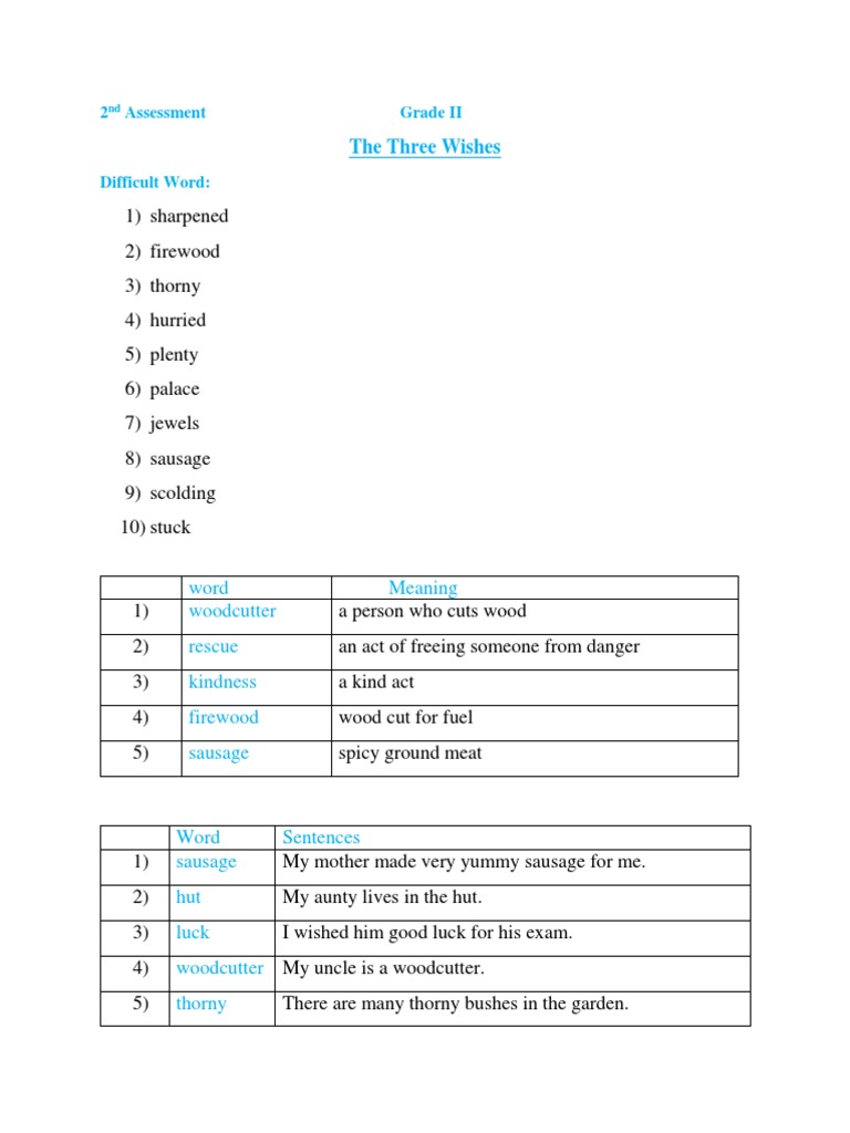 Grade II Assessment: Three Wishes Quiz | PDF | Nature