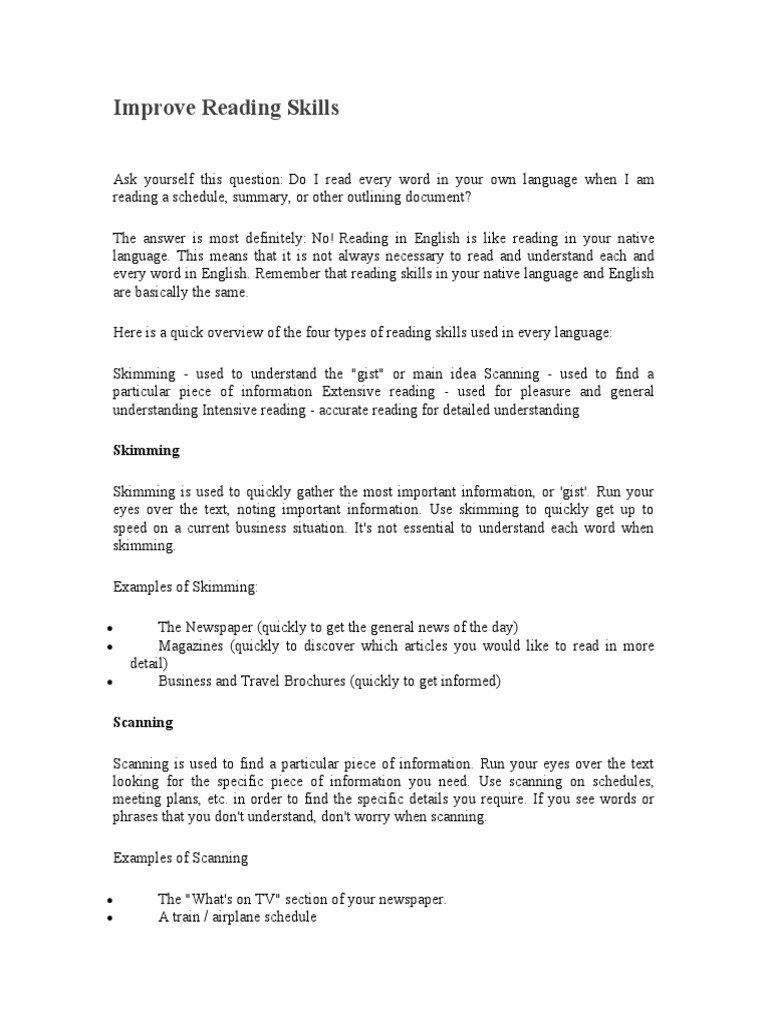 Improve Reading Skill | PDF | Speed Reading | Reading Comprehension