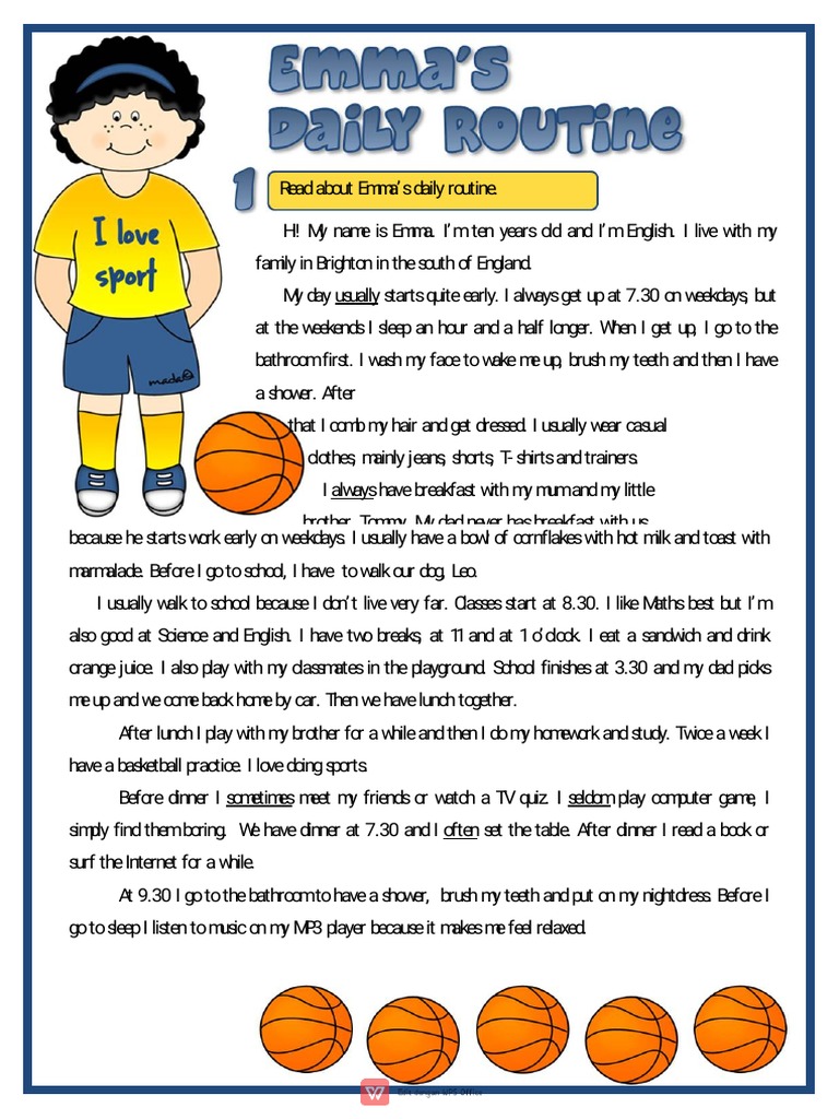 Emmas Daily Routine Reading Fun Activities Games Reading Comprehension ...