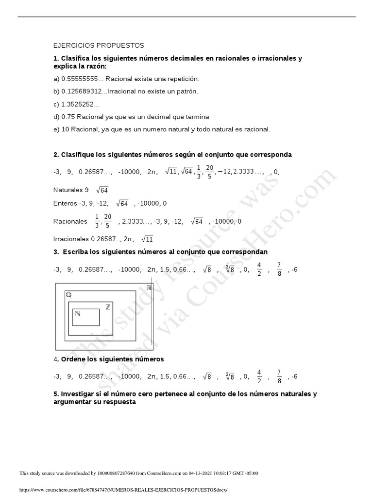 Hojas De Trabajo Del Sistema De Números Reales