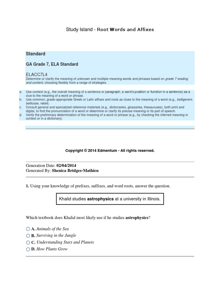 Study - Island (27) - Root Words and Affixes Activities and Answer Key ...