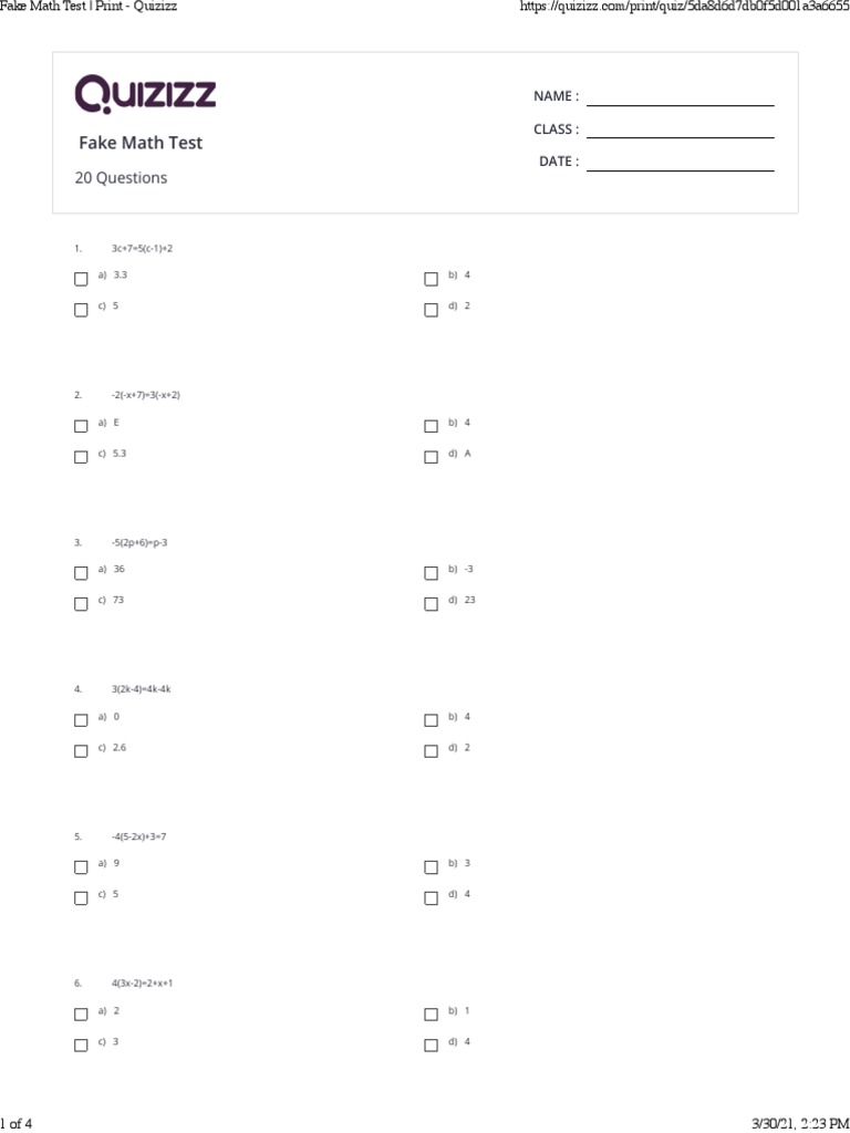 Fake Math Test: 20 Questions | PDF