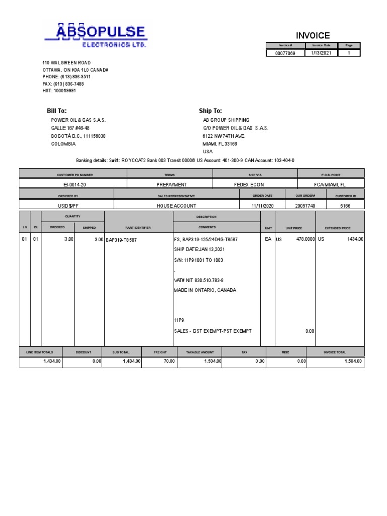 ABSOPULSE ELECTRONICS LTD. OC EI-0014-20 Invoice 77069 | PDF | Invoice ...