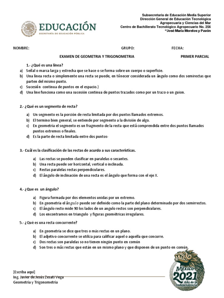 Examen De Geometria Y Trigonometria Primer Parcial Pdf Línea