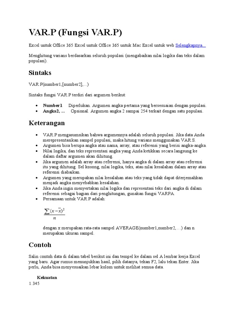 Fungsi VAR.P untuk Hitung Varians Excel | PDF | Metode & Bahan Ajar
