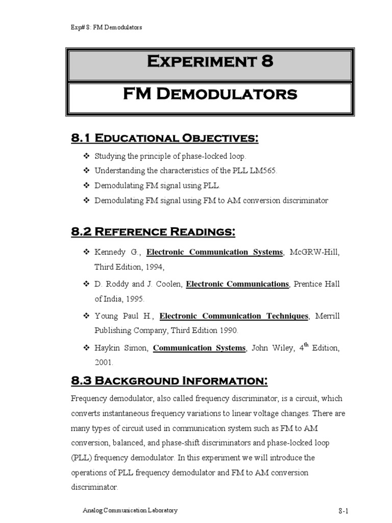 Experiment 8: FM Demodulator | PDF | Detector (Radio) | Frequency Modulation