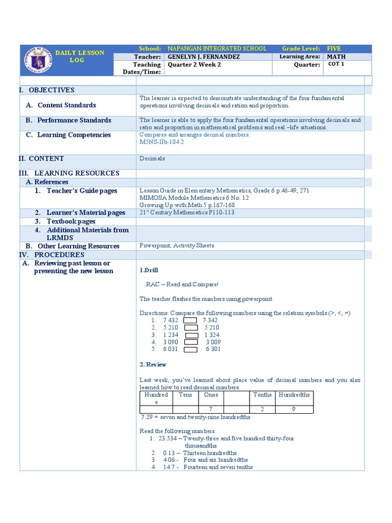 Math 5 COT 1 Compares and Arranges Decimal Numbers | PDF | Differentiated Instruction | Learning
