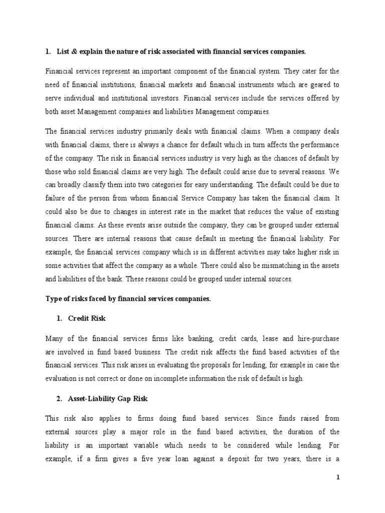 List & Explain The Nature of Risk Associated With Financial Services ...