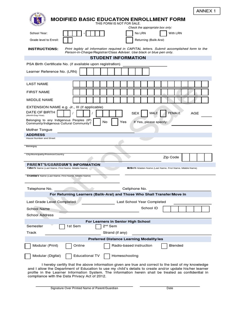 Modified Basic Education Enrollment Form: Student Information | PDF ...