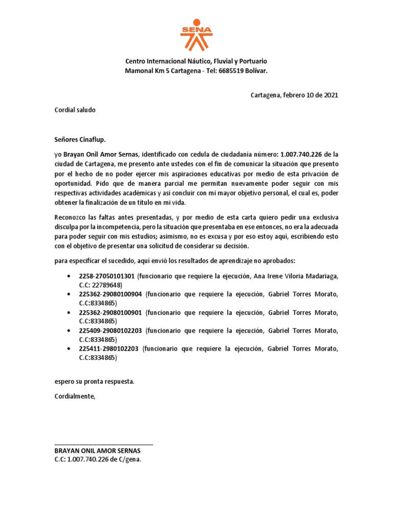 Carta de Solicitud Brayan Onil Amor Sernas | PDF