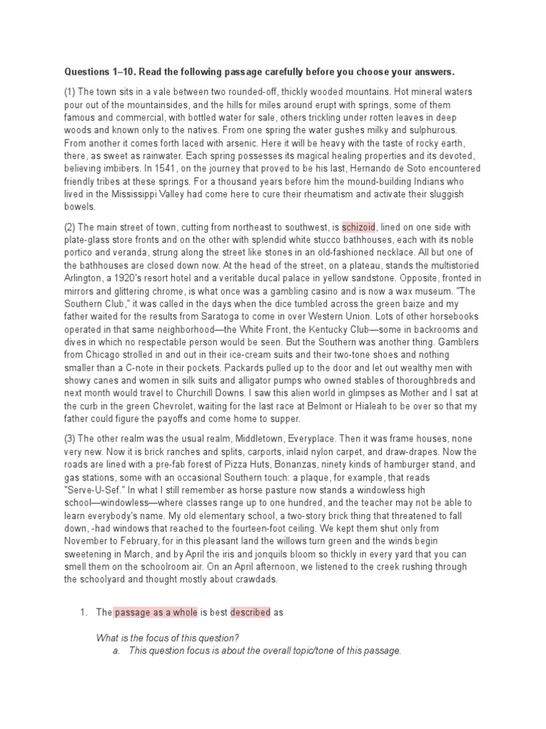 Questions 1-10. Read The Following Passage Carefully Before You Choose ...