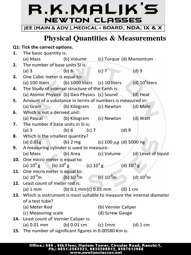 Self Assesment Questions (Topic-Wise) Physics Class XI (Board Level) | PDF | Rotation Around A ...