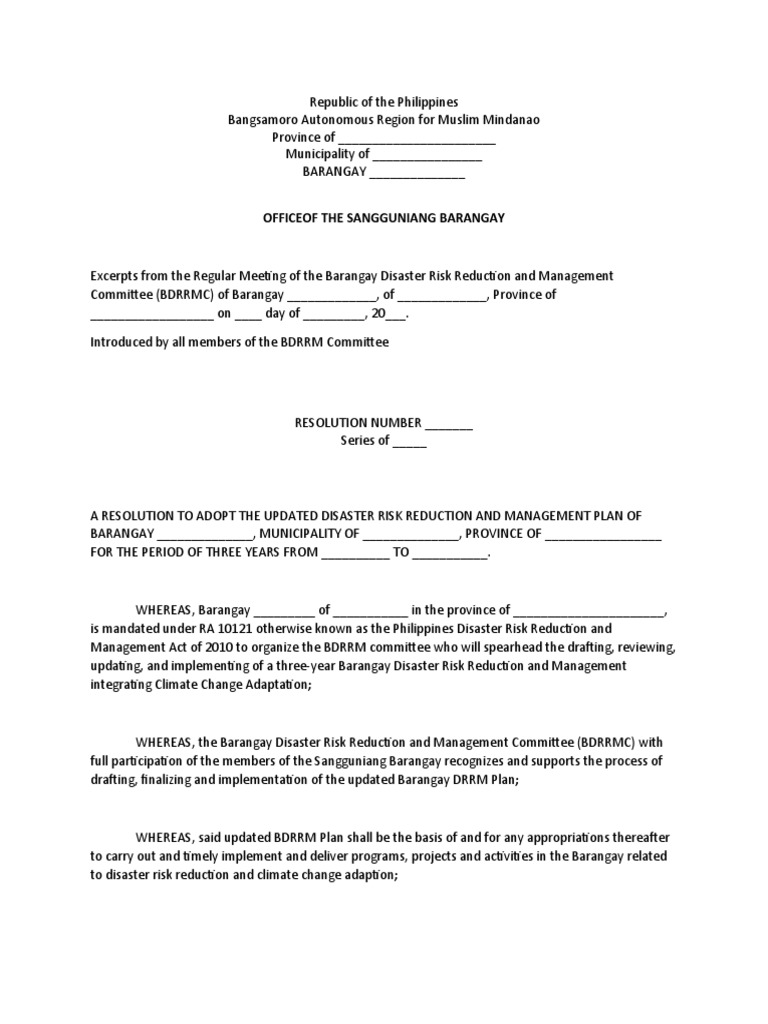 Sample BDRRMC Resoultion For The Adoptation of The BDRRM Plan | PDF ...