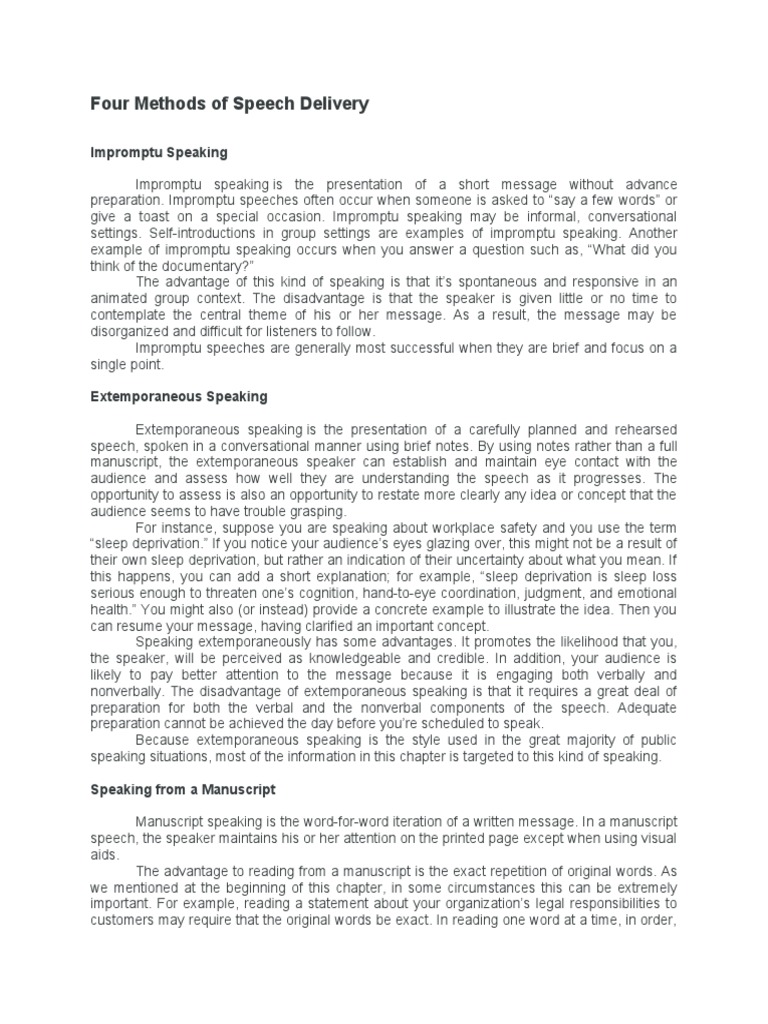 Four Methods of Speech Delivery | PDF | Speech | Gesture