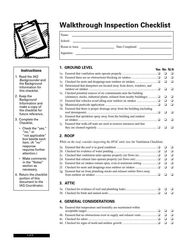 Walkthrough Inspection Checklist: Instructions 1. Ground Level | PDF ...