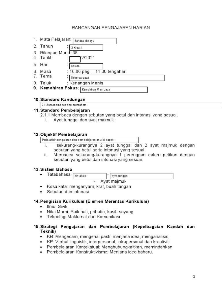 RPH Tahun 3 Kreatif BM PDPR | PDF