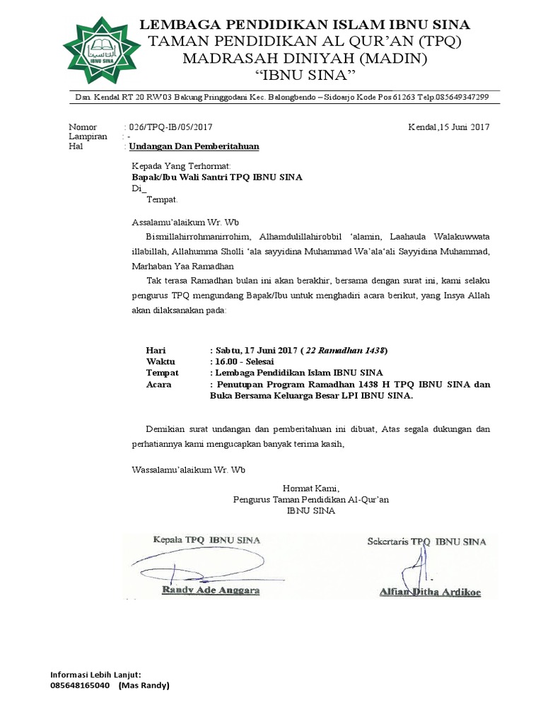 Undangan Penutupan Ramadhan TPQ Ibnu Sina | PDF