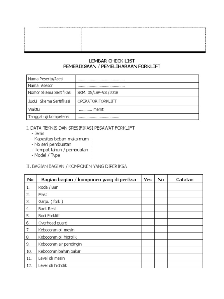 Cek Lis Pemeriksaan Forklift | PDF | Teknologi & Rekayasa