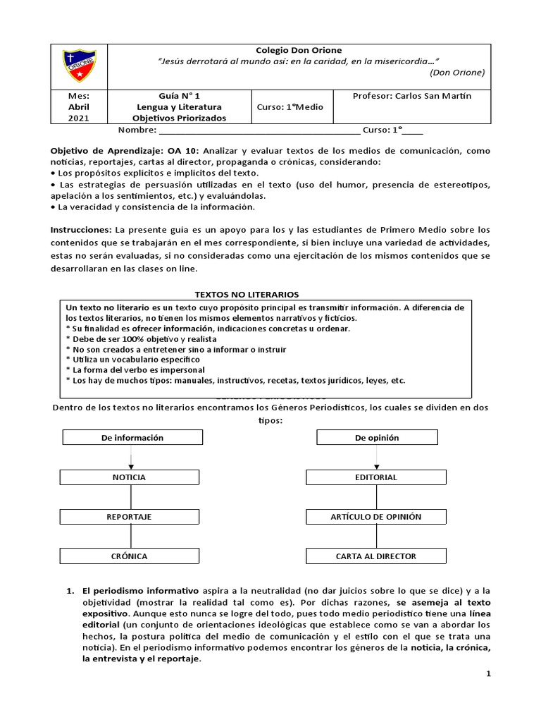 Guía N°1, Lengua y Literatura, Primero Medio. | PDF | Narrativa ...