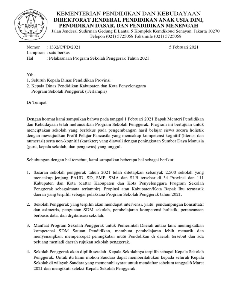 Surat - Dirjen - Pelaksanaan Program Sekolah Penggerak Tahun 2021 | PDF