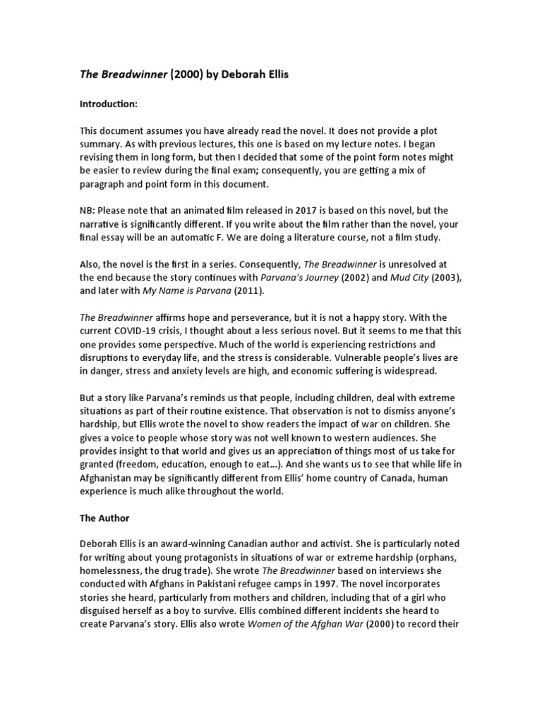 The Breadwinner: Novel Study Notes | PDF | Taliban | Afghanistan