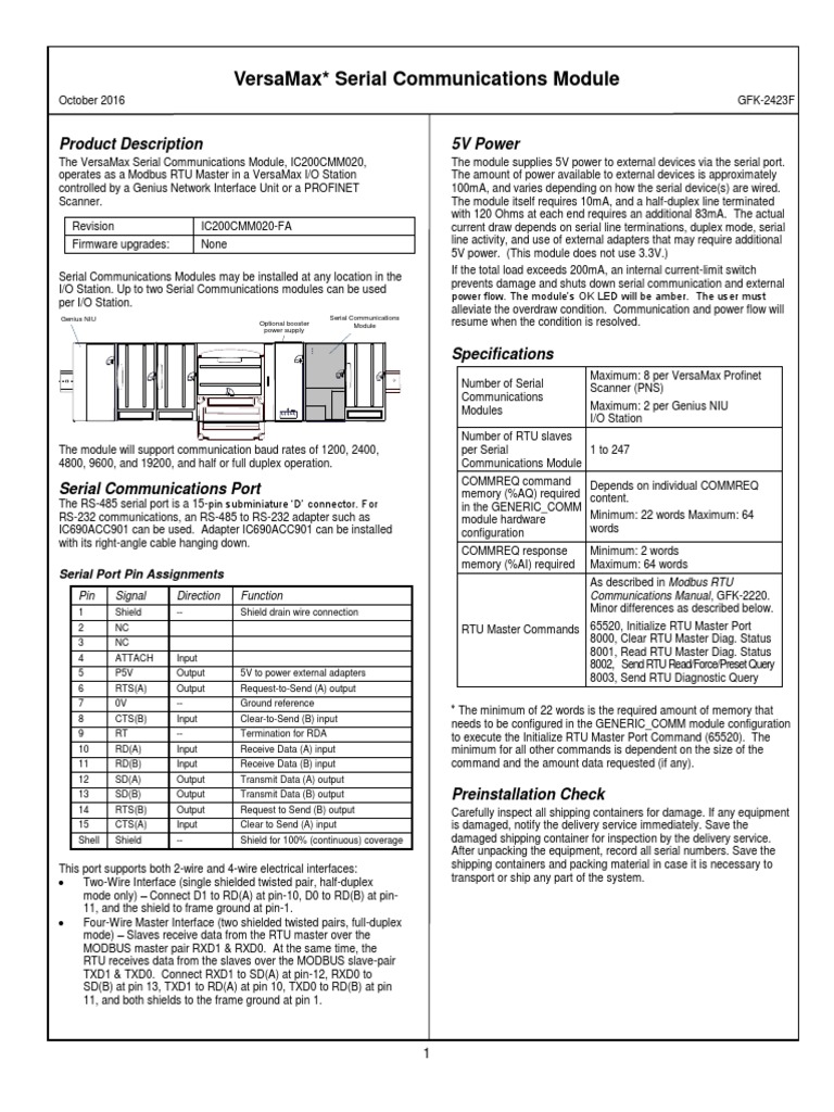 Versamax Serial Communications Module: Product Description 5V Power ...