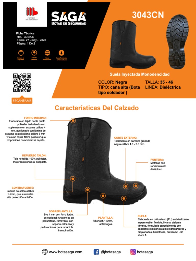 Ficha técnica para botas de seguridad dieléctricas con suela resistente a hidrocarburos | PDF ...