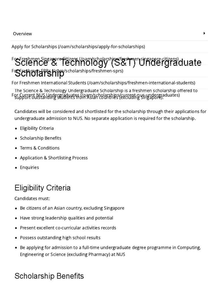 Science & Technology (S&T) Undergraduate Scholarship NUS | PDF ...
