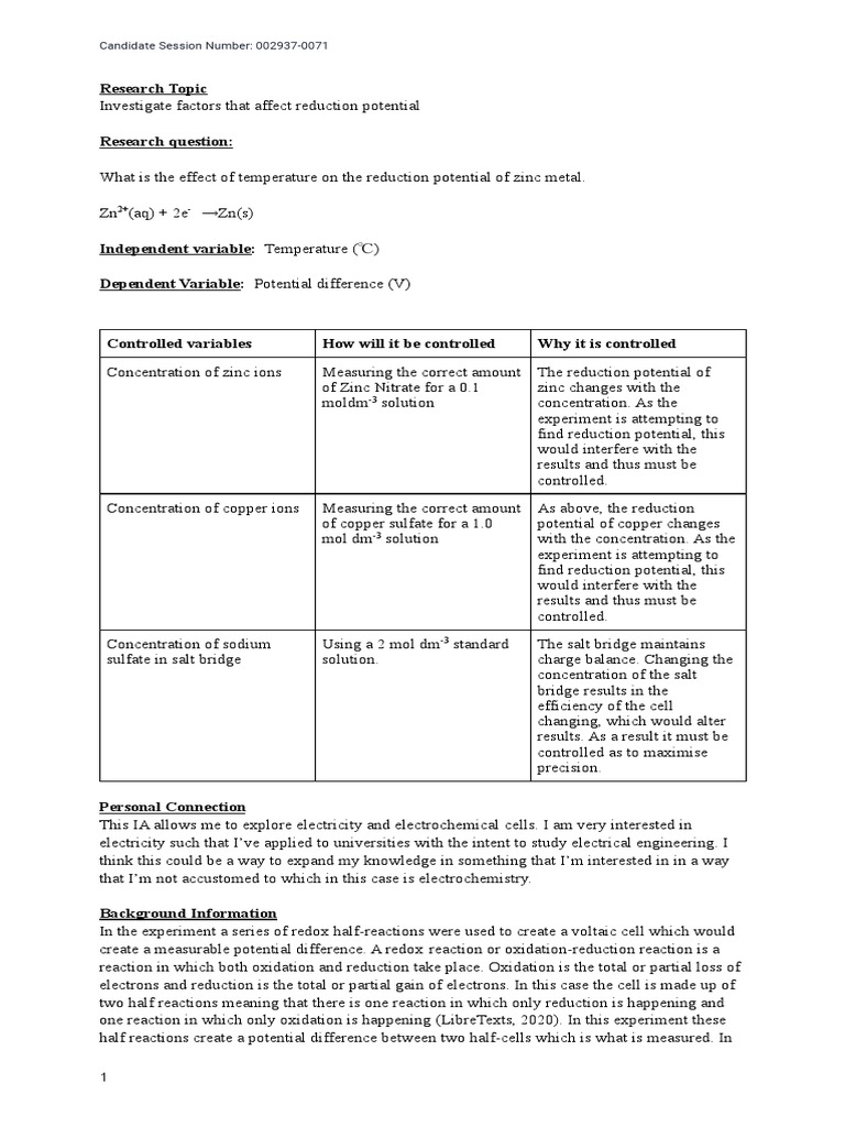 Chem Internal Assessment | PDF | Redox | Electrochemistry